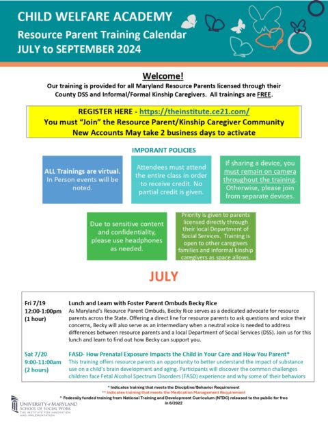 Child Welfare Academy July/September '24 Training Schedule - Maryland ...